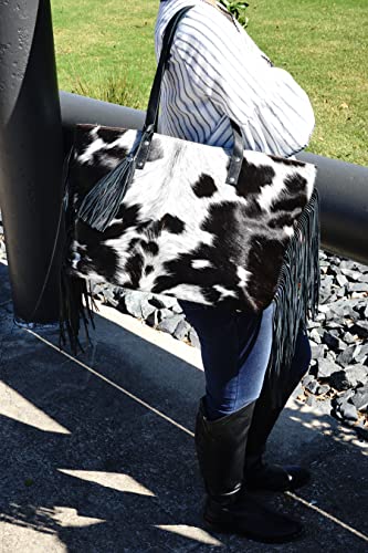 bonanza leathers women's cowhide leather large shoulder tote bag with fringes and zipper closure 505 (black)