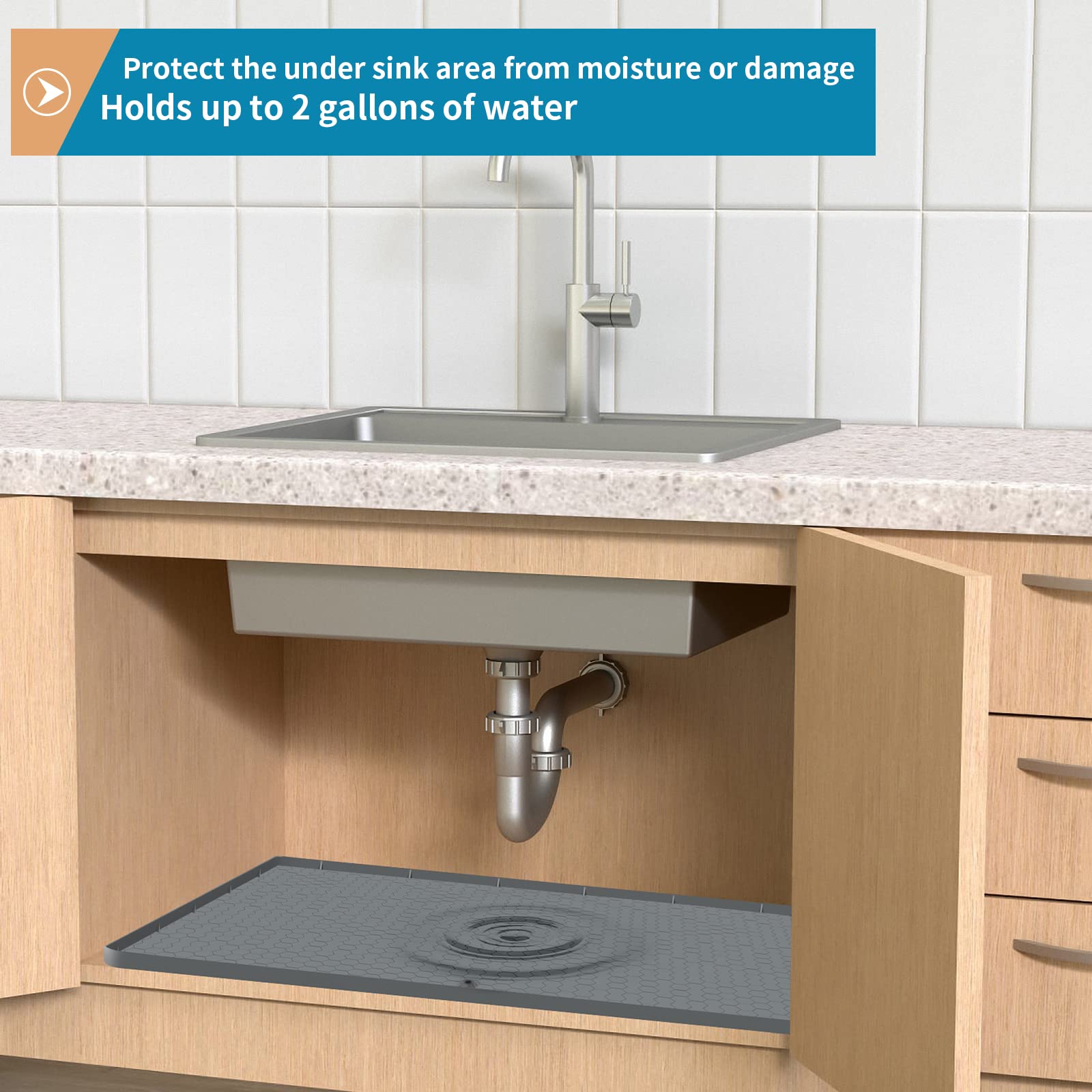 Sanbege Under Sink Mat Liner 34" x 22", Kitchen Cabinet Protector Tray with Drain Hole, Multipurpose Silicone Waterproof Mat for 36" Cabinet or Crafting, Pet Bowls, Floor Organization (Grey)