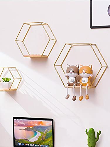 SFTYUFS Floating Shelves Wall Mounted Floating Hexagon Shelves, Metal Framed Gold Shelves with Wood Based in Modern Chic Style, for Wall Storage & Display in Living Room Bedroom