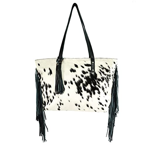 bonanza leathers women's cowhide leather large shoulder tote bag with fringes and zipper closure 505 (black)
