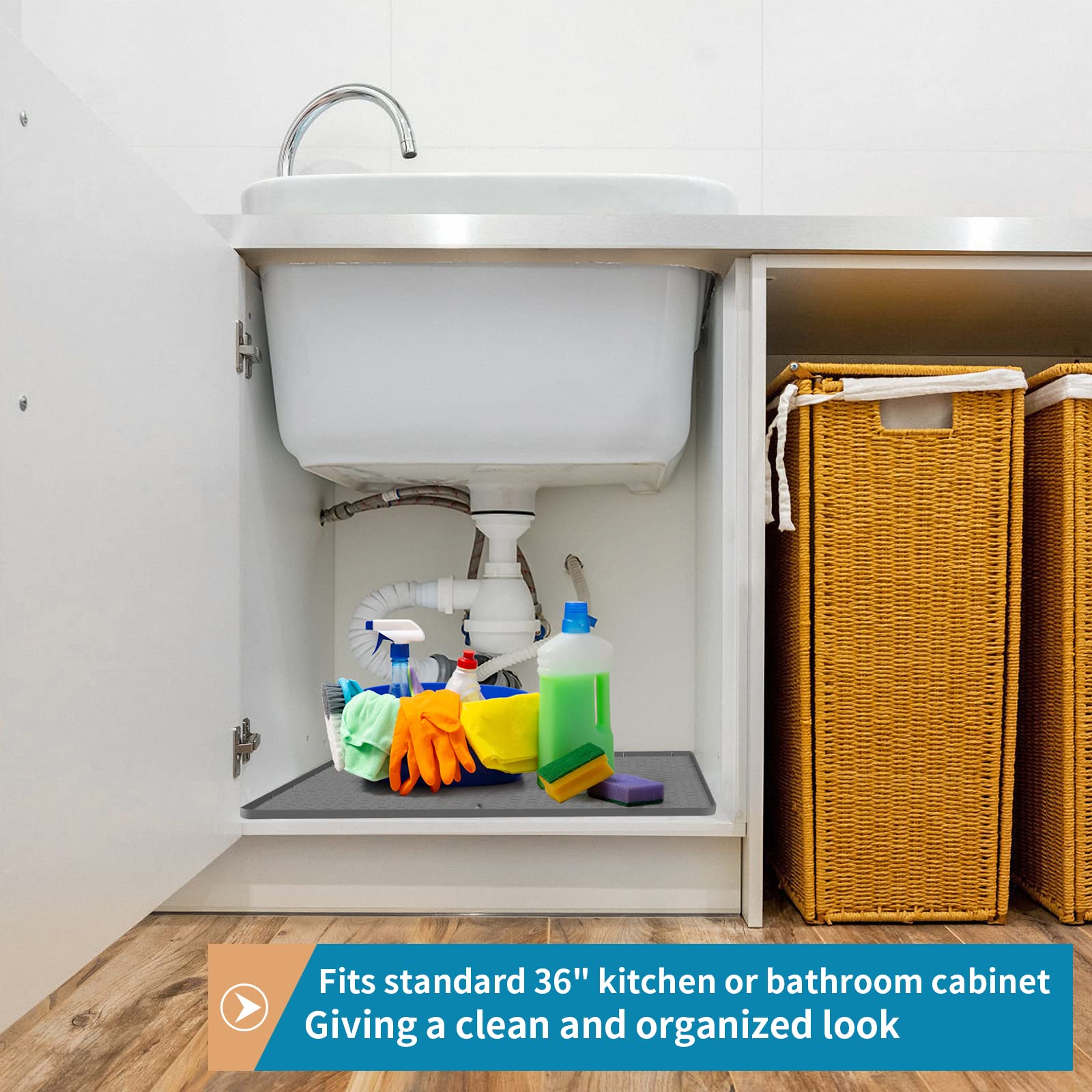 Sanbege Under Sink Mat Liner 34" x 22", Kitchen Cabinet Protector Tray with Drain Hole, Multipurpose Silicone Waterproof Mat for 36" Cabinet or Crafting, Pet Bowls, Floor Organization (Grey)