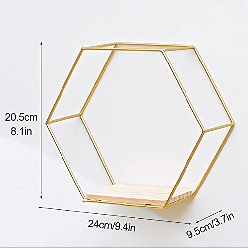 SFTYUFS Floating Shelves Wall Mounted Floating Hexagon Shelves, Metal Framed Gold Shelves with Wood Based in Modern Chic Style, for Wall Storage & Display in Living Room Bedroom