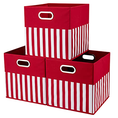 i BKGOO Folable Fabric storage Bins.Set of 3 Cubby Cubes with Handles Red-White Vertical lines 13x13x13 inch
