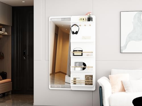 ECACAD 2 in 1 Full Length Mirror Wall Mounted with Shelves, Full Body Dressing Mirror, Versatile Coat Rack with Sliding Mirror for Entryway, Bedroom, White (15.7"-30.5" x 47.2")