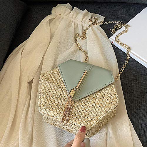 Straw Handbag Crossbody Bag Hexagon Straw+Leather Woven Beach Shoulder Bag