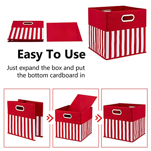 i BKGOO Folable Fabric storage Bins.Set of 3 Cubby Cubes with Handles Red-White Vertical lines 13x13x13 inch