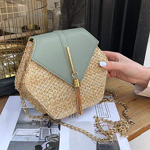 Straw Handbag Crossbody Bag Hexagon Straw+Leather Woven Beach Shoulder Bag