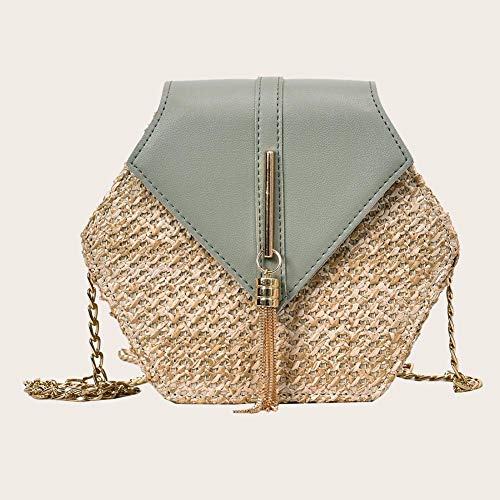 Straw Handbag Crossbody Bag Hexagon Straw+Leather Woven Beach Shoulder Bag