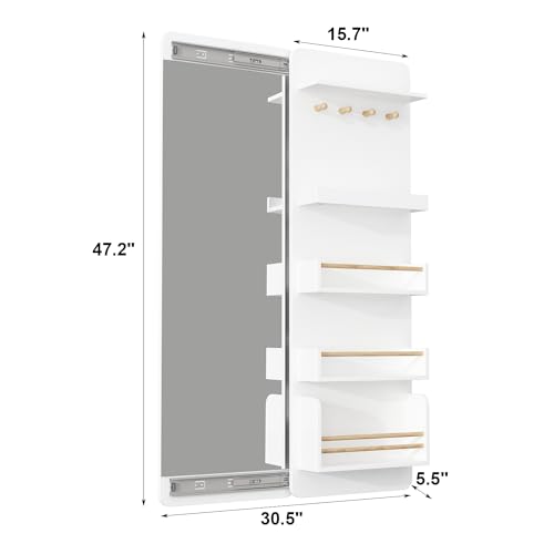 ECACAD 2 in 1 Full Length Mirror Wall Mounted with Shelves, Full Body Dressing Mirror, Versatile Coat Rack with Sliding Mirror for Entryway, Bedroom, White (15.7"-30.5" x 47.2")