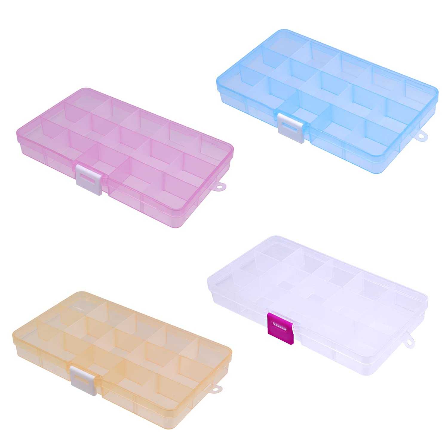 EDOBLUE 4 Pack Multicolor Plastic Jewelry Organizer Box - 15 Grids Plastic Storage Containers with Removable Dividers for Art and Crafts