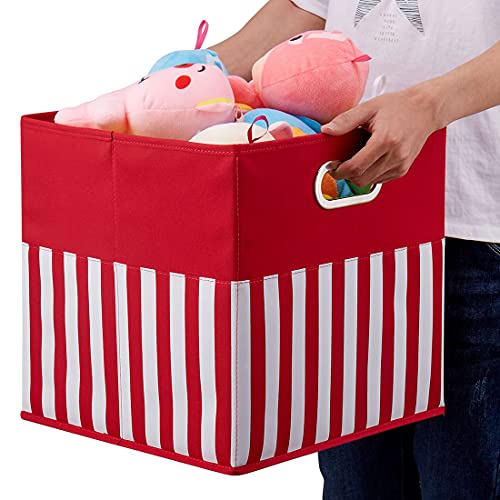 i BKGOO Folable Fabric storage Bins.Set of 3 Cubby Cubes with Handles Red-White Vertical lines 13x13x13 inch