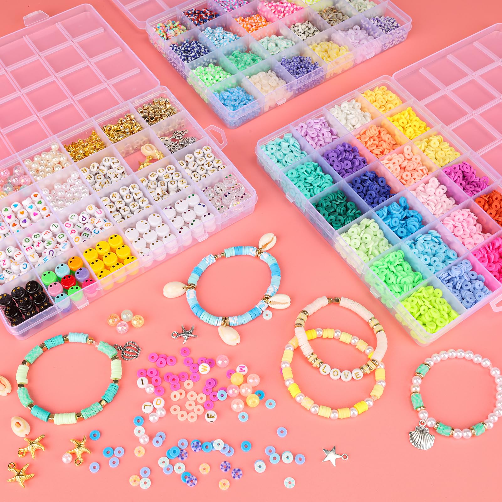 Petoss 10800pcs Clay Beads for Bracelets Making Kit,48 Colors Polymer Clay Beads Kit for Jewelry Making for Girls,6mm Heishi Beads with 416 Letters Beads 120 Smiley Beads with Gift Pack