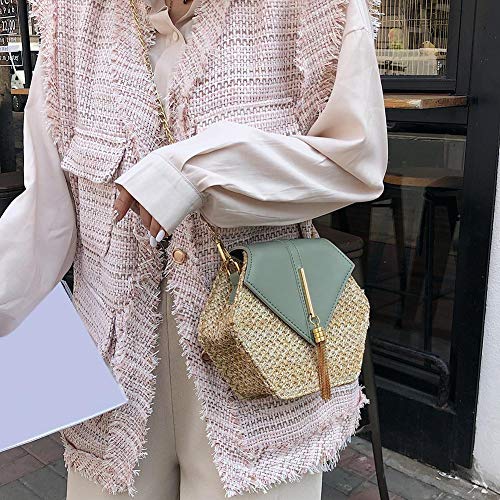 Straw Handbag Crossbody Bag Hexagon Straw+Leather Woven Beach Shoulder Bag