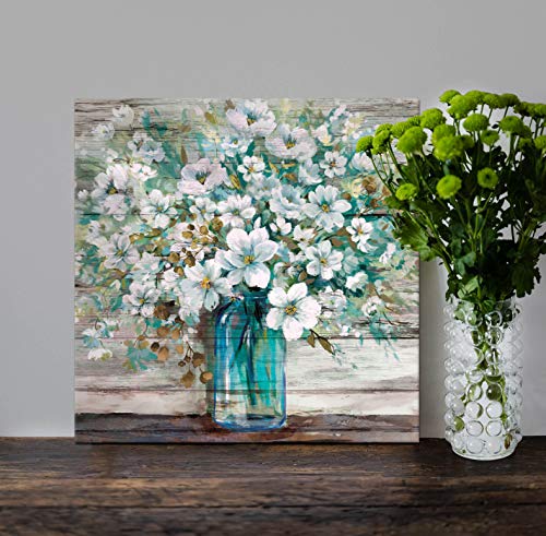 3LDECOR Country Style Canvas Wall Art Teal Blue Mason Bottle White Flower Rustic Wall Decor Art Hanging in The Bedroom Bathroom Living Room Dining Room Office Fireplace Kitchen Murals Decor