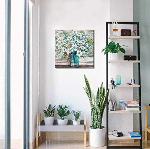 3LDECOR Country Style Canvas Wall Art Teal Blue Mason Bottle White Flower Rustic Wall Decor Art Hanging in The Bedroom Bathroom Living Room Dining Room Office Fireplace Kitchen Murals Decor