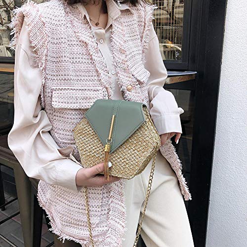 Straw Handbag Crossbody Bag Hexagon Straw+Leather Woven Beach Shoulder Bag