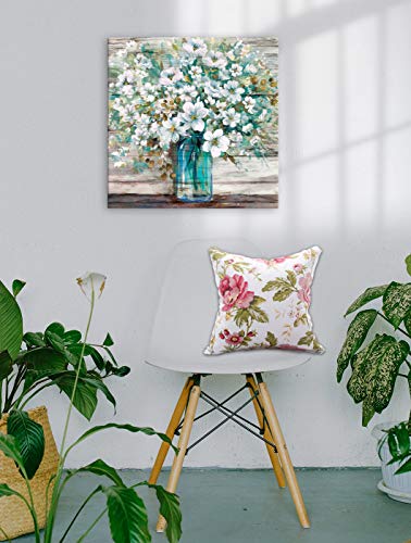3LDECOR Country Style Canvas Wall Art Teal Blue Mason Bottle White Flower Rustic Wall Decor Art Hanging in The Bedroom Bathroom Living Room Dining Room Office Fireplace Kitchen Murals Decor