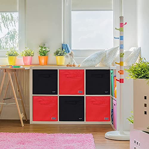 Kleafs 11 inch Storage Cubes, Collapsible Storage Bins, Clothes, Toys and Closet Organizer for Bedroom, Nursery, Playroom, Living Room - 6 pack (Red & Black).