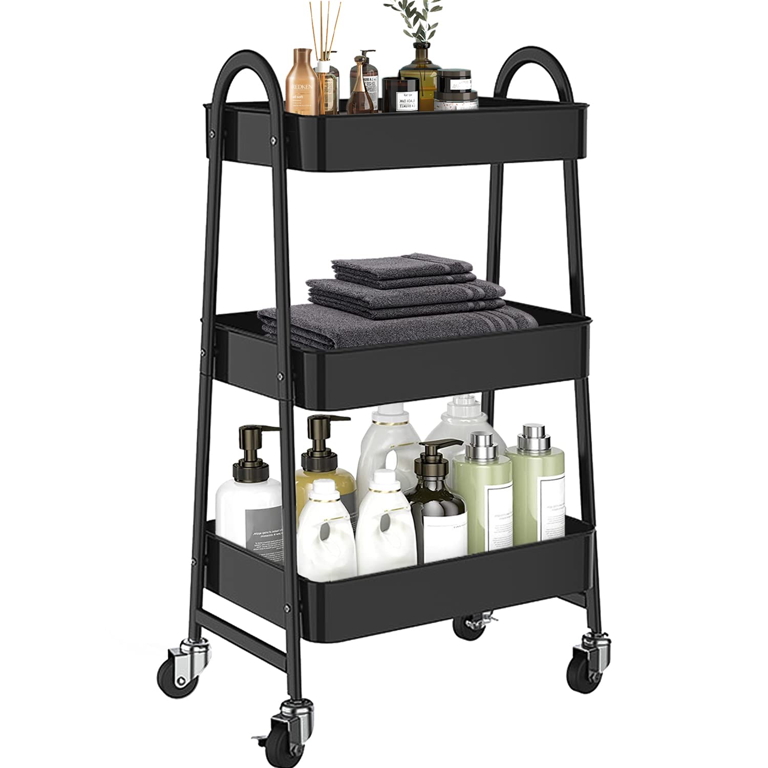 gianotter 3-Tier Utility Rolling Cart - Multifunctional Cart with Lockable Casters, Easy to Assemble, Suitable for Office, Bathroom, Kitchen, Living (Black)