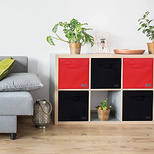 Kleafs 11 inch Storage Cubes, Collapsible Storage Bins, Clothes, Toys and Closet Organizer for Bedroom, Nursery, Playroom, Living Room - 6 pack (Red & Black).