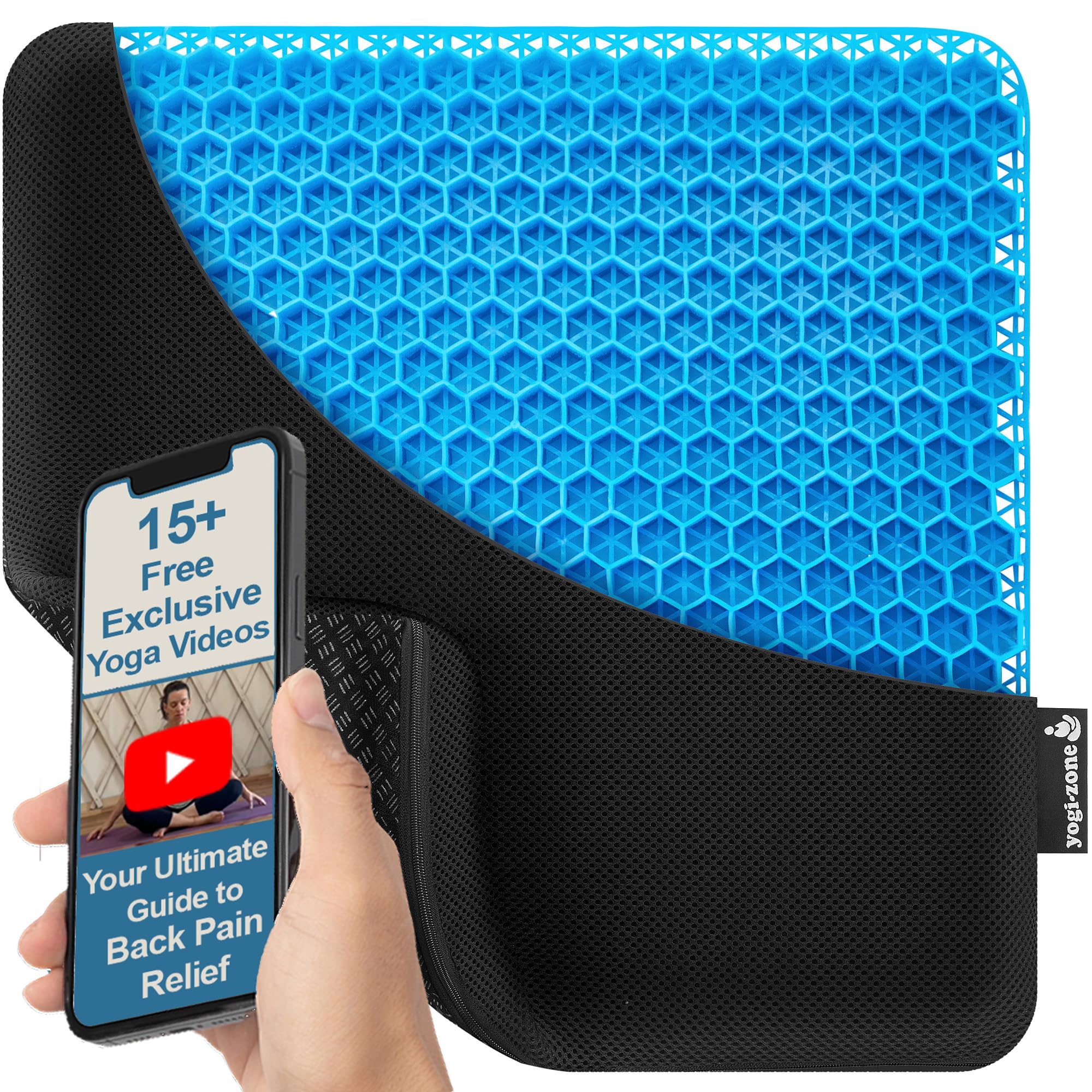 YOGI-ZONE Gel Seat Cushion for Long Sitting ā 16.5x16.5x1.6 in. Honeycomb Seat Cushion for Back Pain Relief with Yoga Videos ā TPE Cushion with Nonslip Breathable Cover for Office Chair & Car Seat