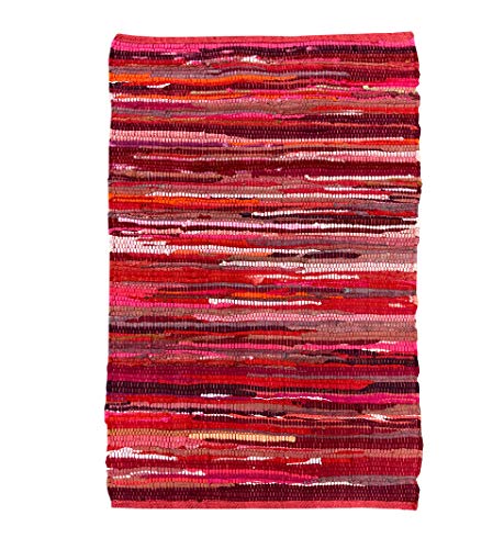 100% Cotton Rag Rug 24x36 - Multicolor Chindi Rug - Hand Woven & Reversible for Living Room Kitchen Entryway Rug - Red
