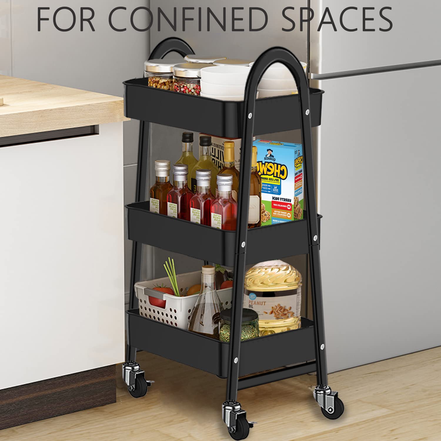 gianotter 3-Tier Utility Rolling Cart - Multifunctional Cart with Lockable Casters, Easy to Assemble, Suitable for Office, Bathroom, Kitchen, Living (Black)