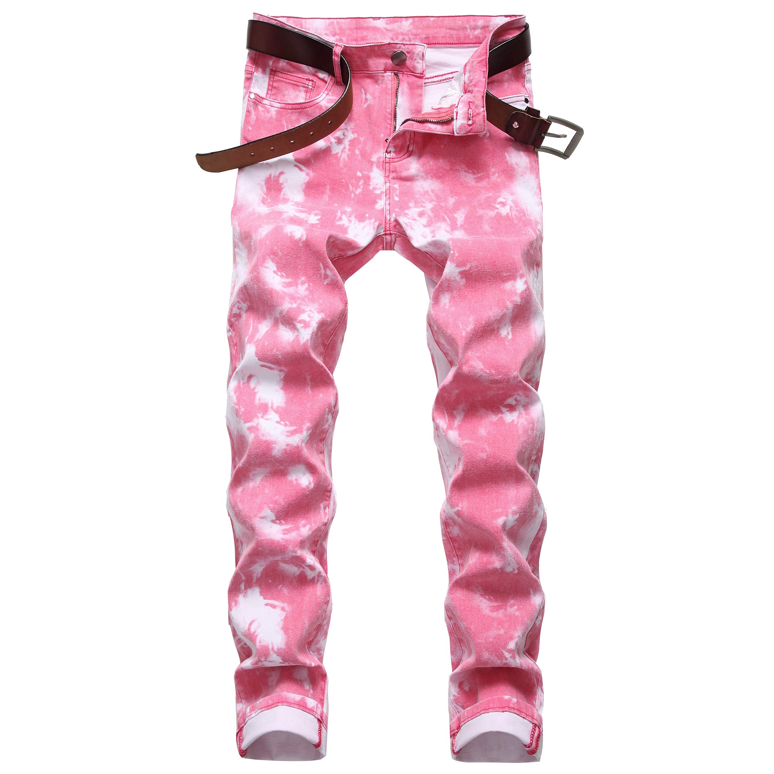 DANT BULUN Men's Fashion Casual Printed Jeans Stretch Skinny Denim Pants(W32,Pink)