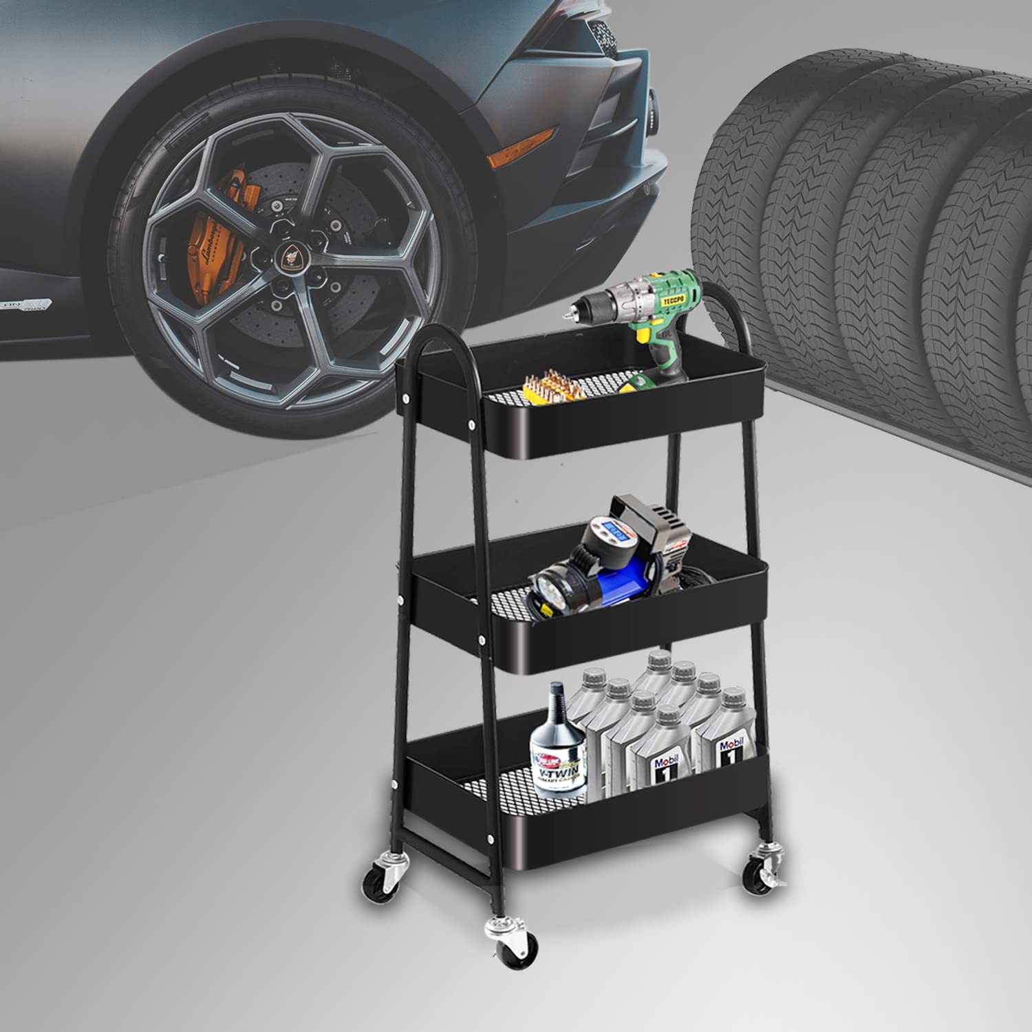 gianotter 3-Tier Utility Rolling Cart - Multifunctional Cart with Lockable Casters, Easy to Assemble, Suitable for Office, Bathroom, Kitchen, Living (Black)