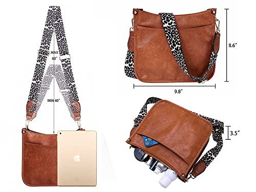 HAIBOLAN Shoulder Bag for Women Leopard Adjustable Guitar Strap Crossbody Purse Vegan Leather Bucket Handbags (A-Brown)