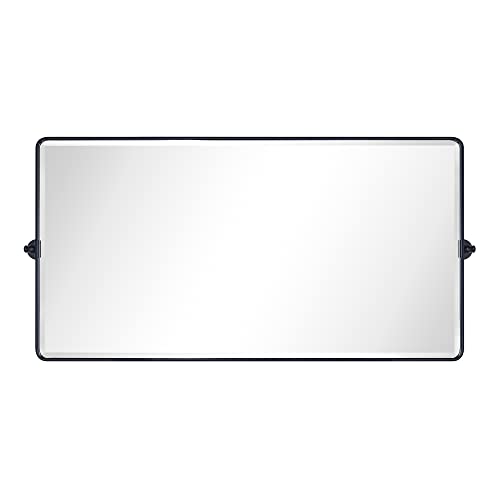 TEHOME 58 x 28'' Pivot Full Length Bathroom Vanity Mirror Black Metal Framed Full Body Tilting Beveled Vanity Mirrors Wall Mounted Floor Pivoting Mirror for Bathroom, Living Room