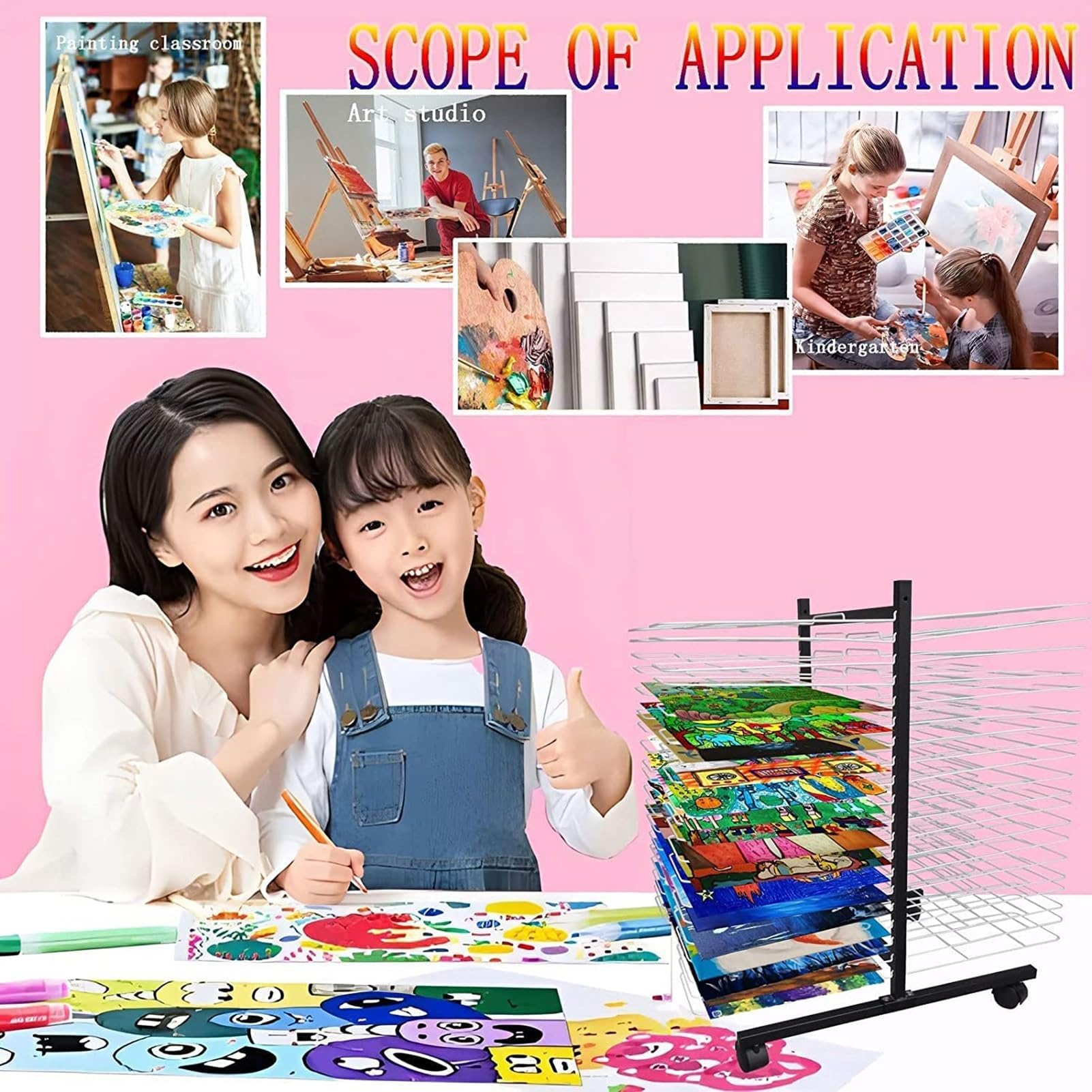 Art Drying Rack for Classroom, Mobile Paint Drying Rack Double-Sided 40 Shelves Metal Artwork Storage Display Rack Canvas Stack Rack with Wheels for Schools, Art Studios