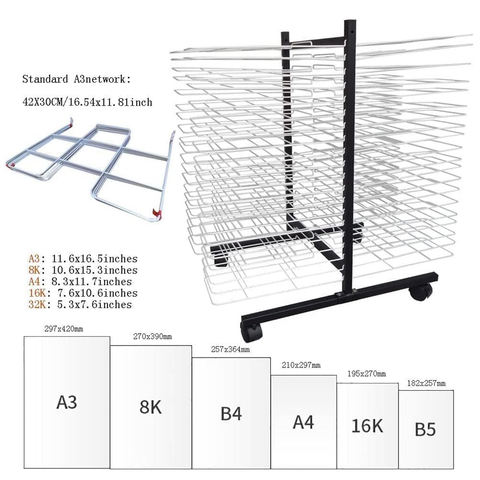 Art Drying Rack for Classroom, Mobile Paint Drying Rack Double-Sided 40 Shelves Metal Artwork Storage Display Rack Canvas Stack Rack with Wheels for Schools, Art Studios