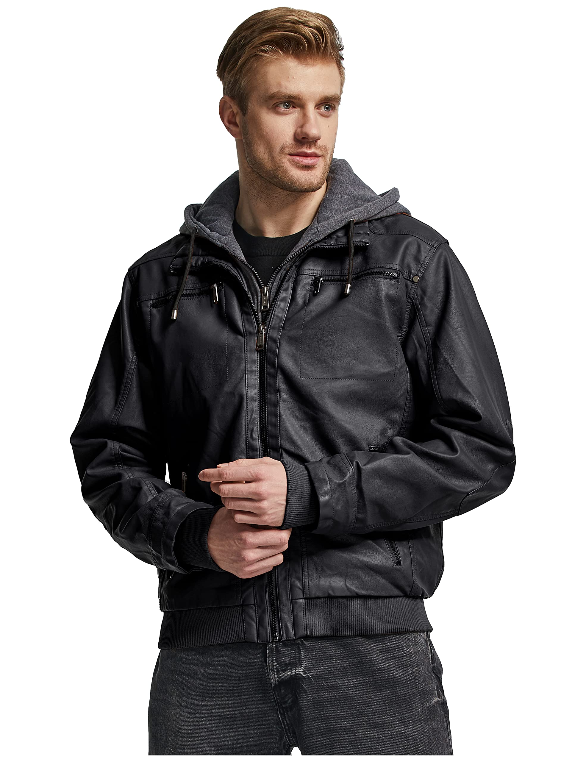 wantdo Men's Faux Leather Jacket Hooded Motorcycle Coat Black XX-Large (Thick)