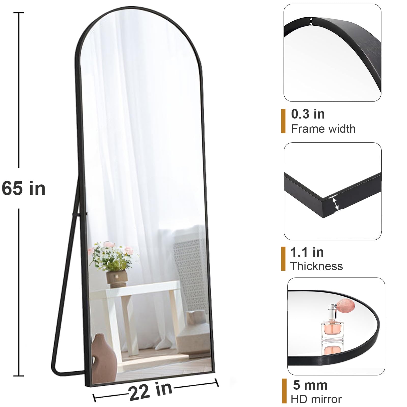 MEETDH Full Length Body Mirror, Arched Long Mirror, Black Body Mirror for floor & Wall, Large Metal Wall Mirror 65x22 inch, Tall Dressing Mirror for Bedroom, Living Room