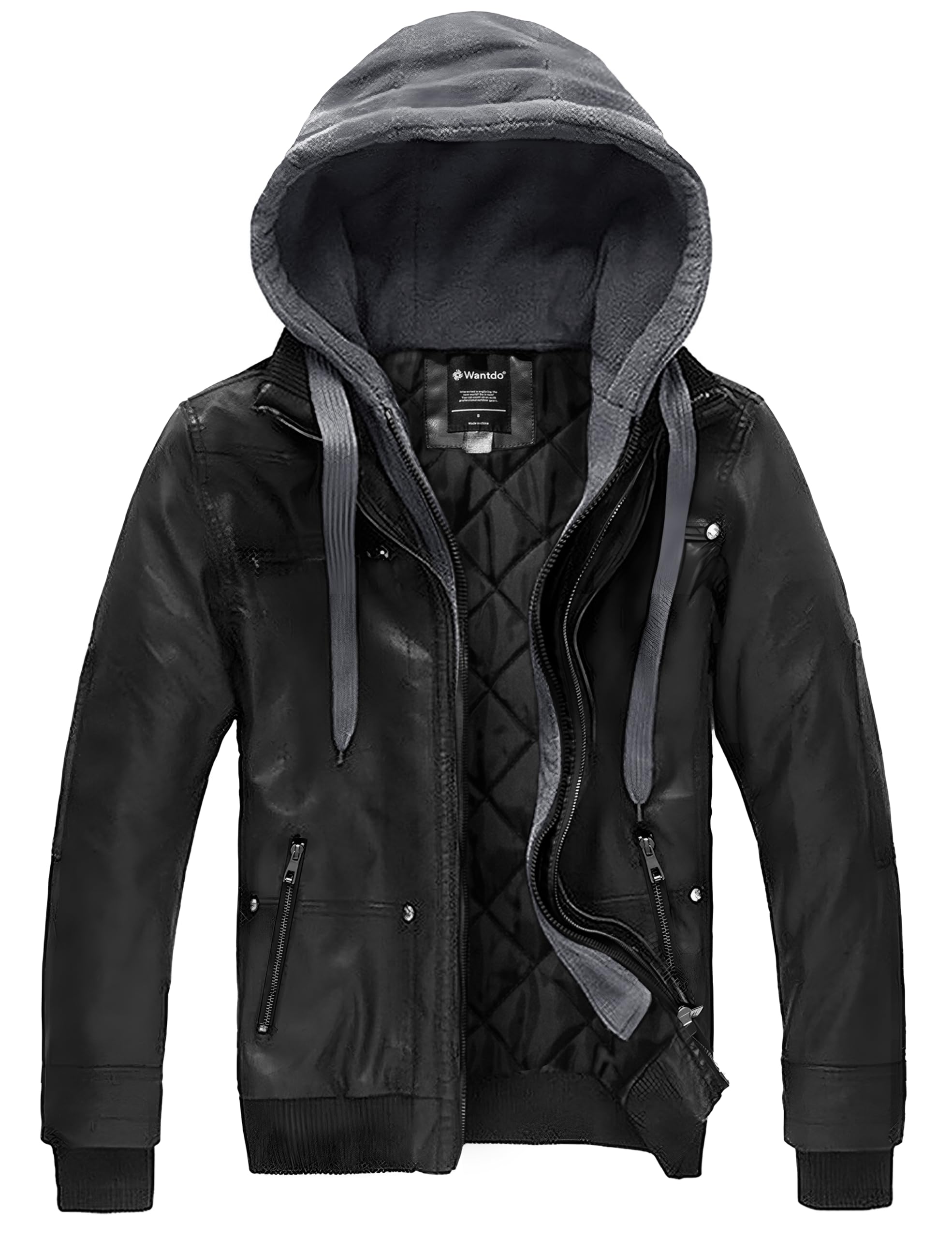 wantdo Men's Faux Leather Jacket Hooded Motorcycle Coat Black XX-Large (Thick)