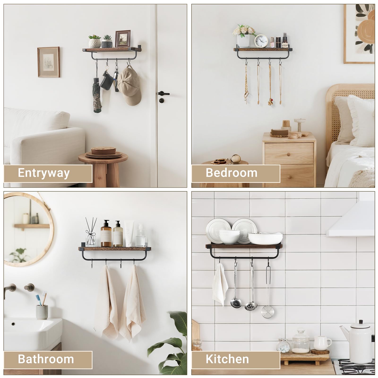 Mkono Mug Holder Wall Mounted Coffee Mug Rack Set of 2 Rustic Floating Shelf for Coffee Bar Accessories Wood Tea Cup Hooks Hanger for Organizing Cooking Utensils, Home Kitchen Decor
