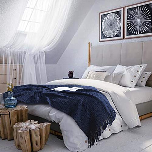 Chunky Knit Throw Blanket, Navy Blue Soft Warm Cozy Bed Throw Blanket with Tassels, Boho Style Textured Knitted Home Decorative Blanket for Couch, Sofa &Bed, 50"x60"