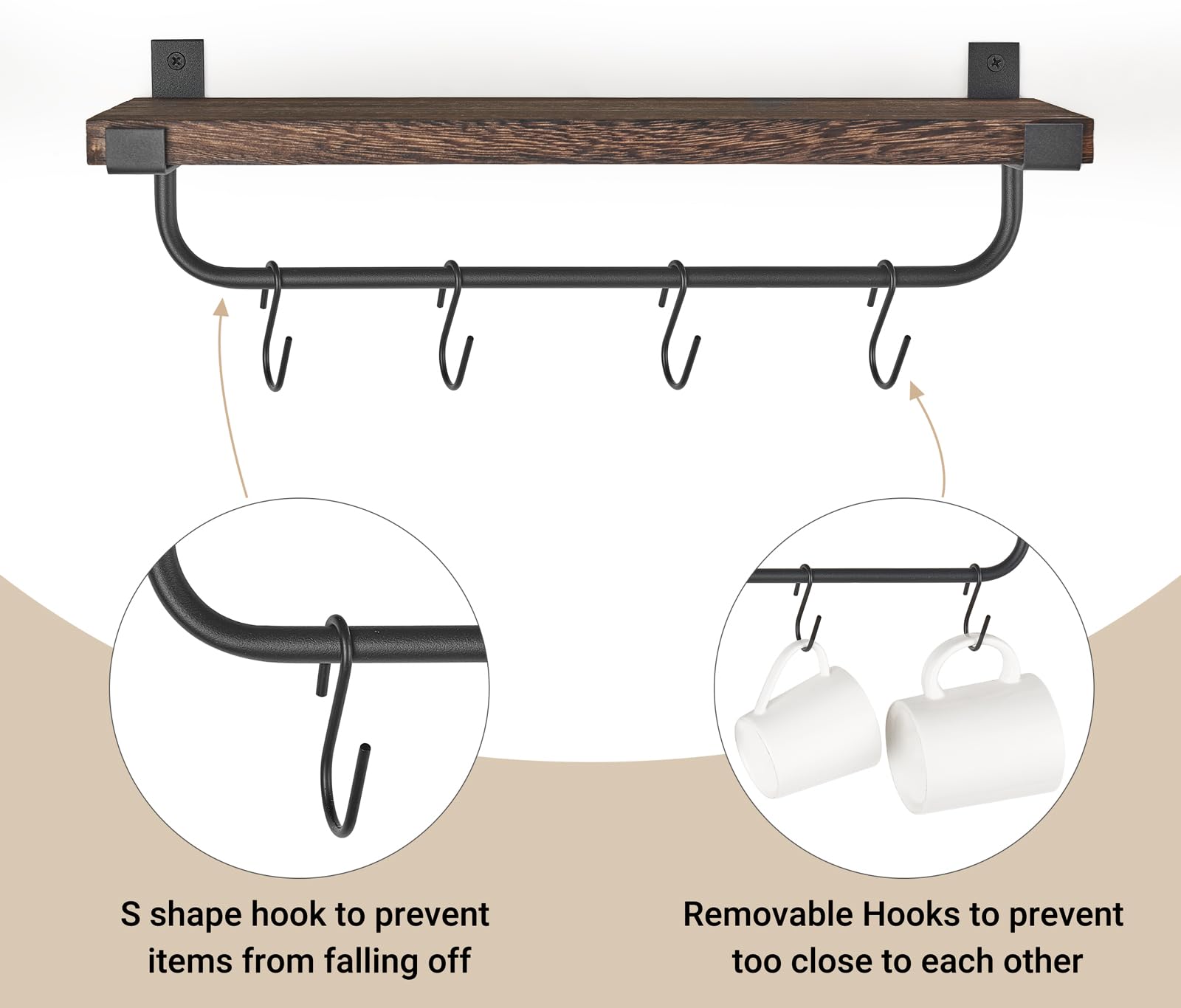 Mkono Mug Holder Wall Mounted Coffee Mug Rack Set of 2 Rustic Floating Shelf for Coffee Bar Accessories Wood Tea Cup Hooks Hanger for Organizing Cooking Utensils, Home Kitchen Decor
