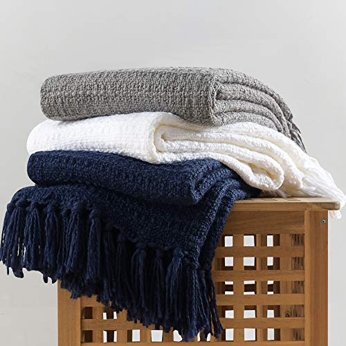 Chunky Knit Throw Blanket, Navy Blue Soft Warm Cozy Bed Throw Blanket with Tassels, Boho Style Textured Knitted Home Decorative Blanket for Couch, Sofa &Bed, 50"x60"
