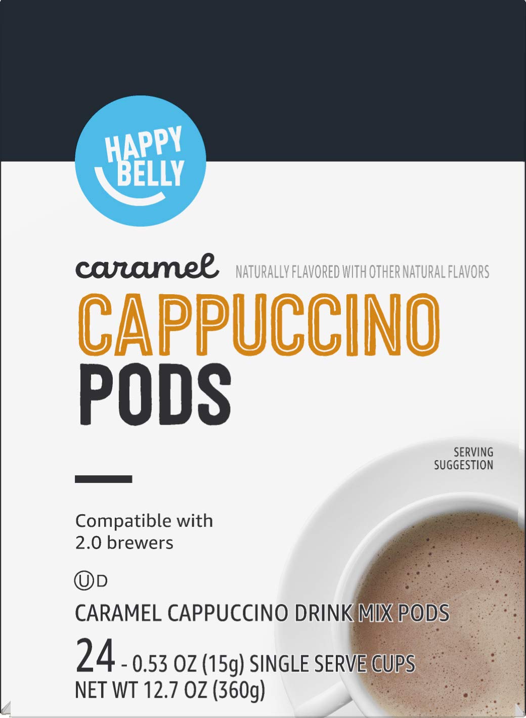 Amazon Brand - Happy Belly Cappuccino Coffee Pods Compatible with 2.0 K-Cup Brewers, Caramel Flavored, 24 Count