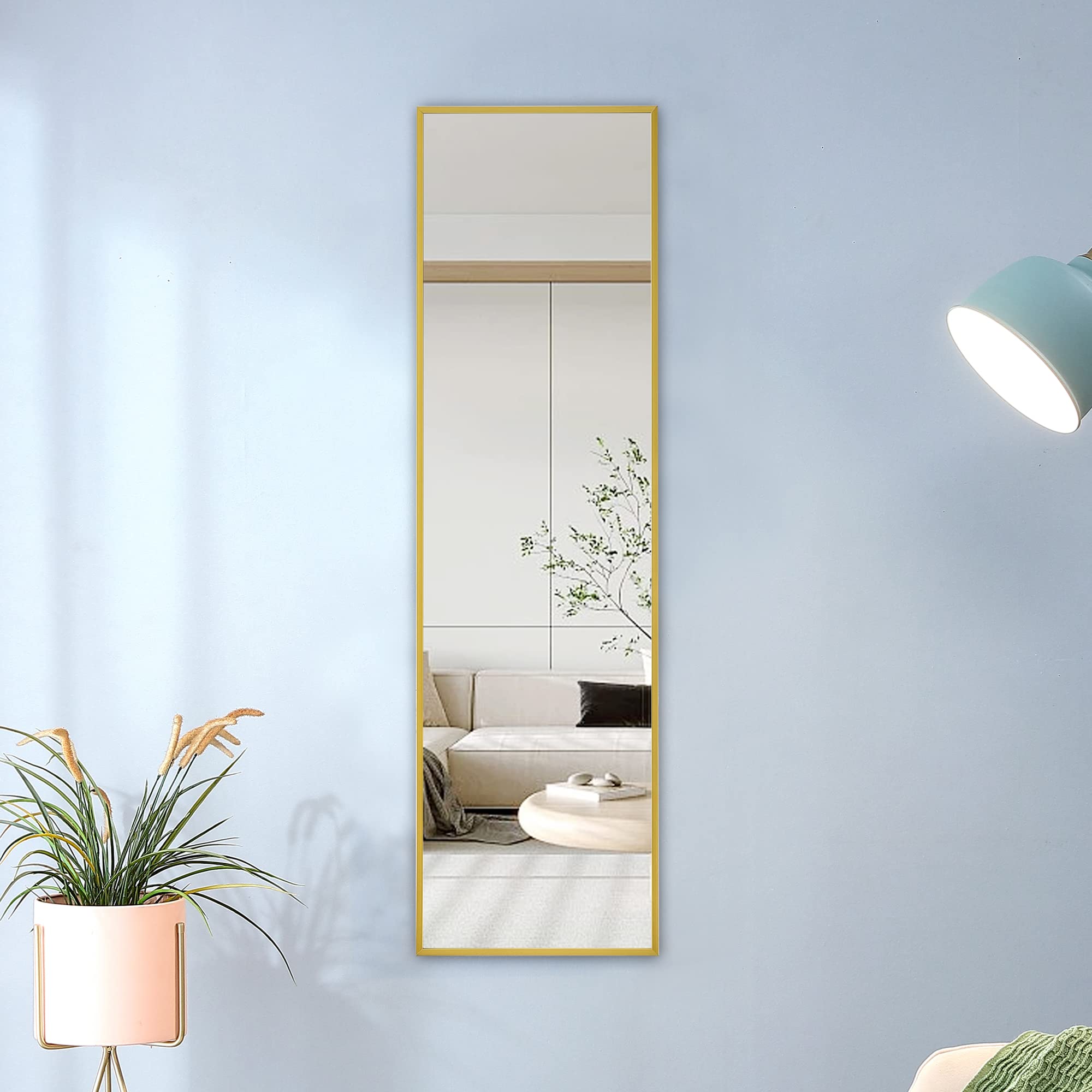 Full Length Mirror Wall Mirror Door Mirror Full Body Mirror Explosion-Proof Wall Mounted Hanging Mirror for Dorm with Aluminium alloy Metal Frame for Room Decor, 48"x 14" (Gold+Aluminium alloy)