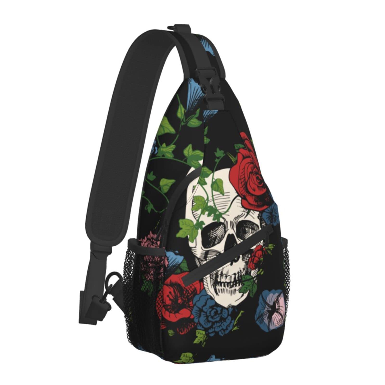 Yrebyou Skull Sling Bag Crossbody Shoulder Backpack for Women Men Hiking Travel Small Lightweight with Strap Daypack Cross Chest Bag Over Side Pack with Adjustable Strap Bottle Holders