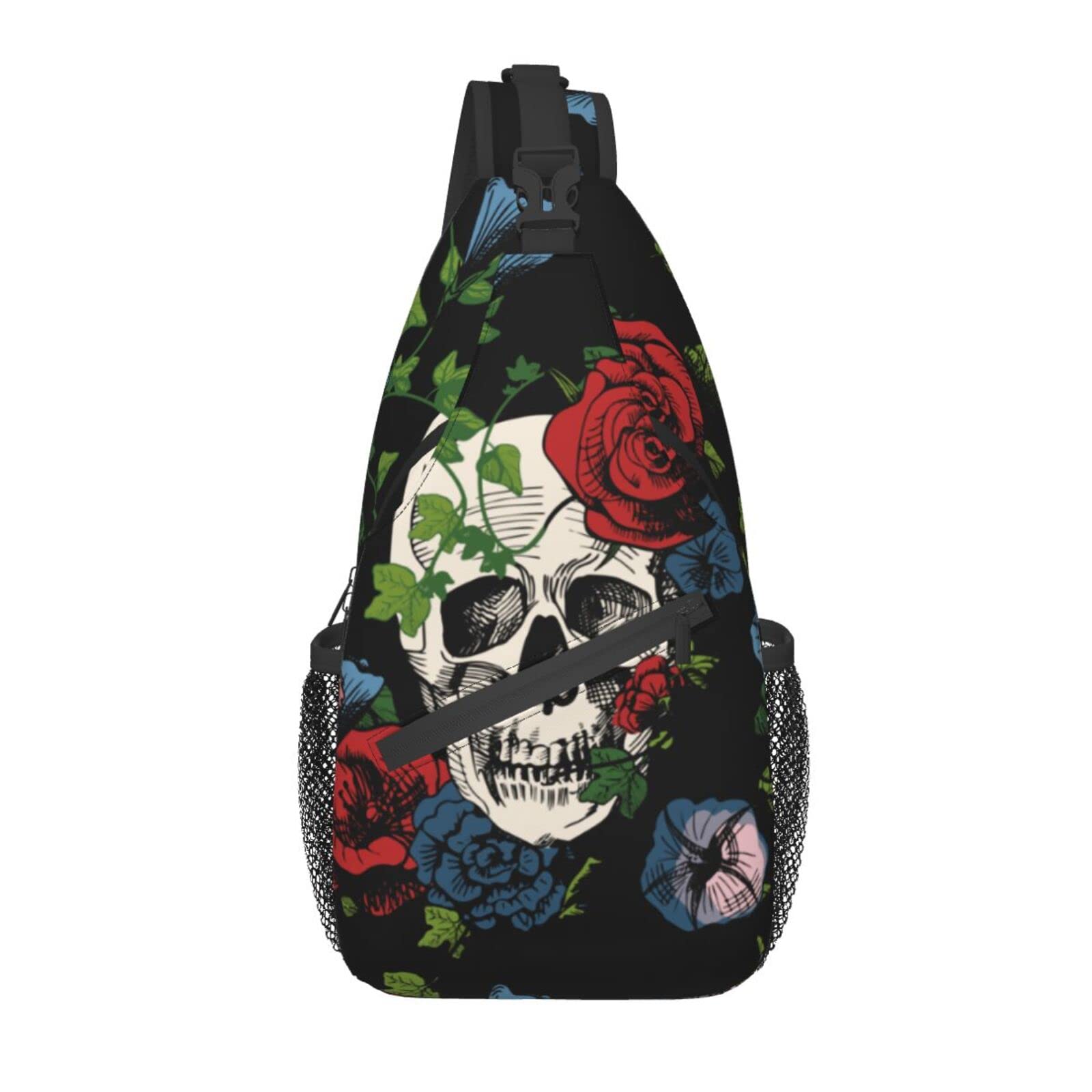 Yrebyou Skull Sling Bag Crossbody Shoulder Backpack for Women Men Hiking Travel Small Lightweight with Strap Daypack Cross Chest Bag Over Side Pack with Adjustable Strap Bottle Holders