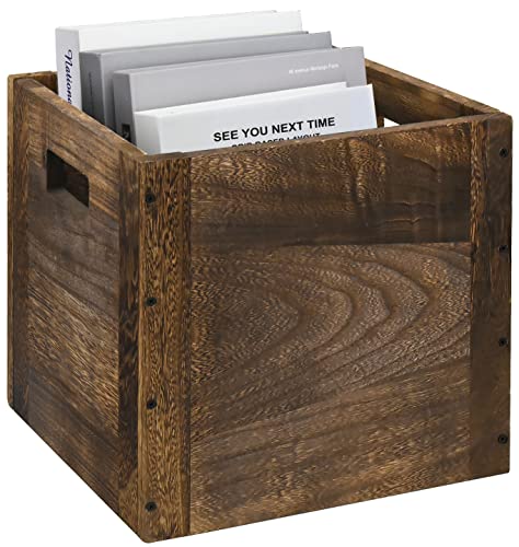 SOLLASI Wood Decorative Storage Cube Boxes with Handles, Rustic Brown Large Storage Baskets For Shelves, Stackable Cube Containers Organizing Bins for Toy, Clothes, Books, Office, 11â x 11â x 11â
