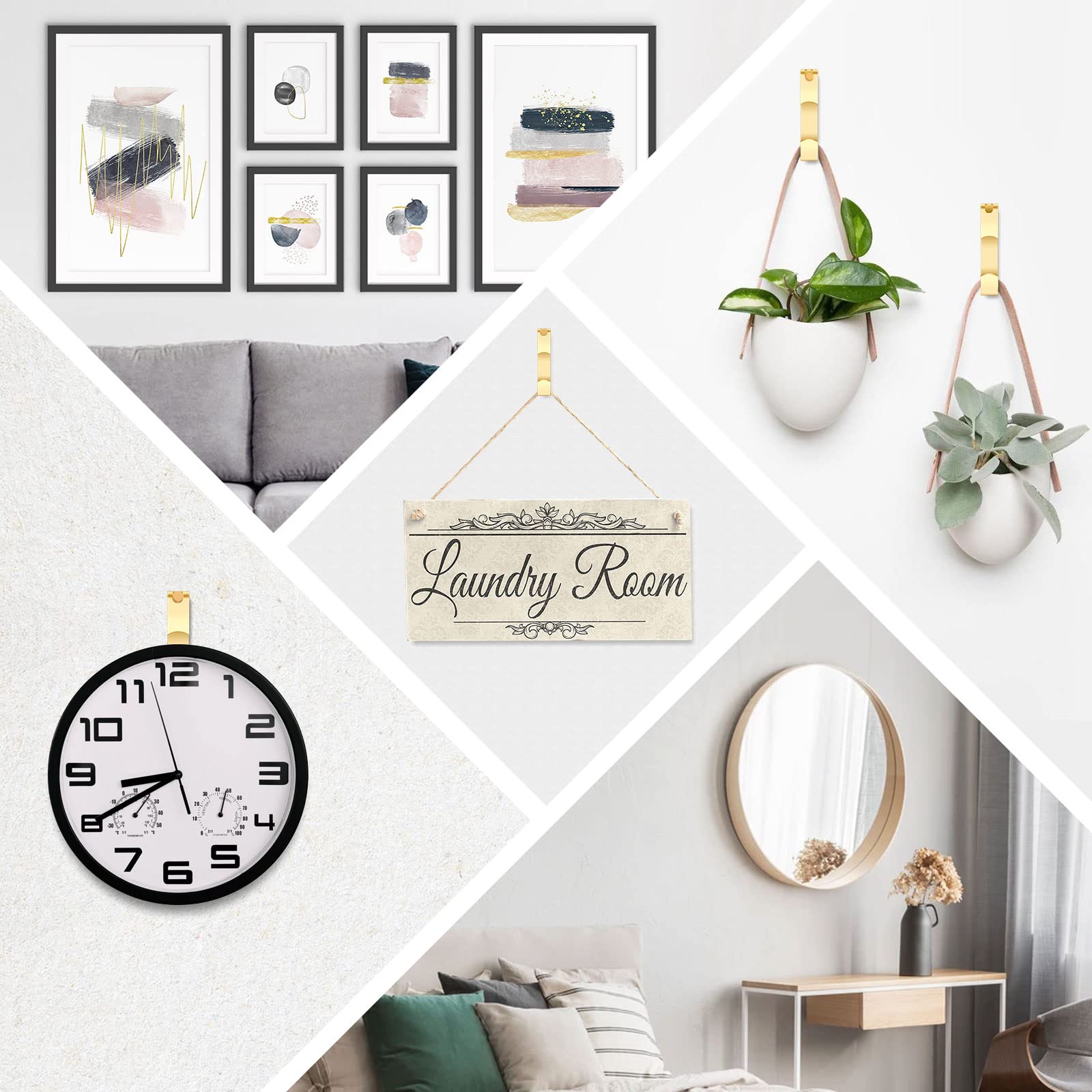 Hooks for Hanging Pictures with Nails - ROBUST 50pcs Picture Hanging Kit, Wall Hooks for Hanging Pictures for Picture Frame, Canvas, Mirror, Art (N6 Gold)