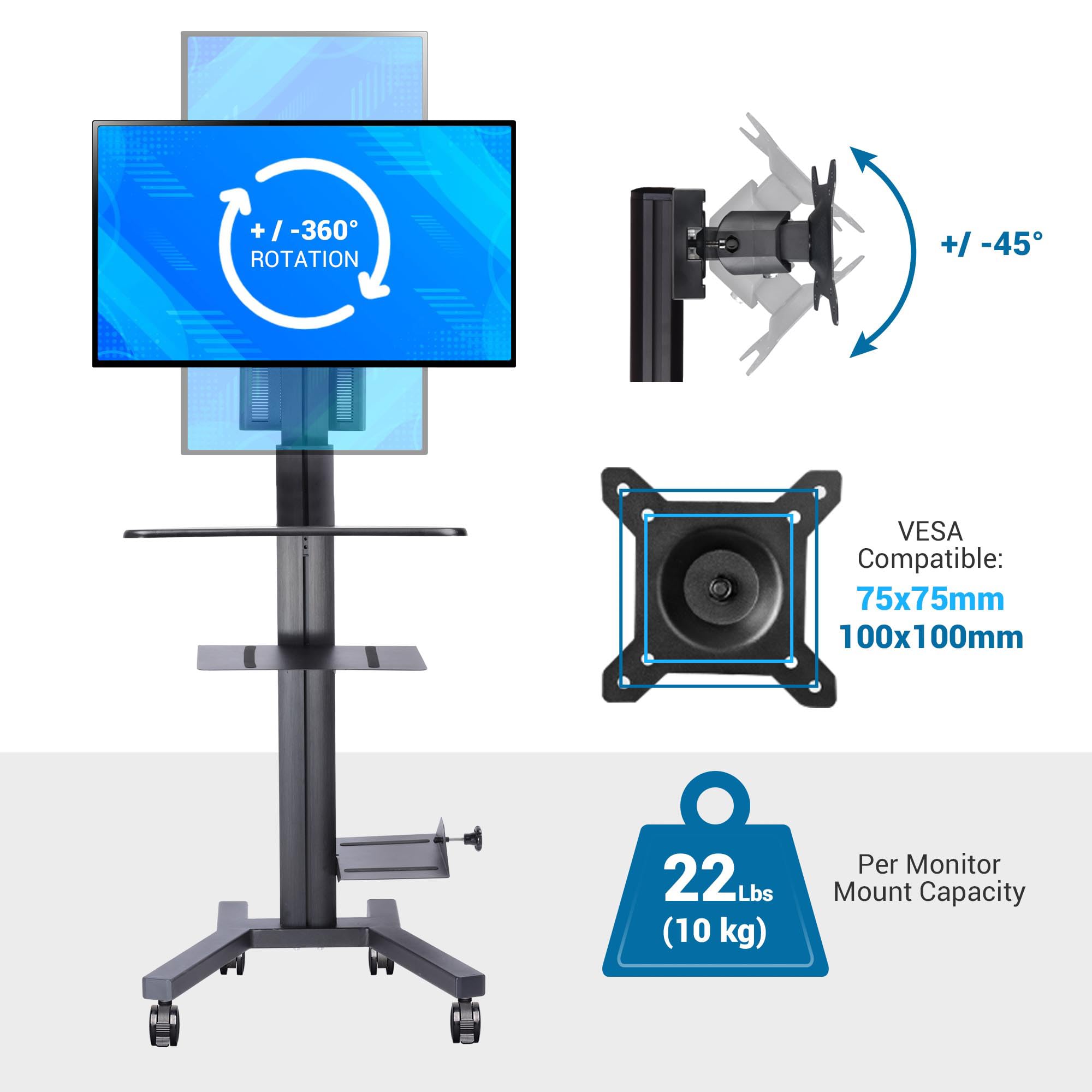 AW Rolling Computer Cart Adjustable Mobile PC Standing Workstation with Monitor Mount Keyboard Tray Printer CPU Holder Wheels for Shop Home Office Black