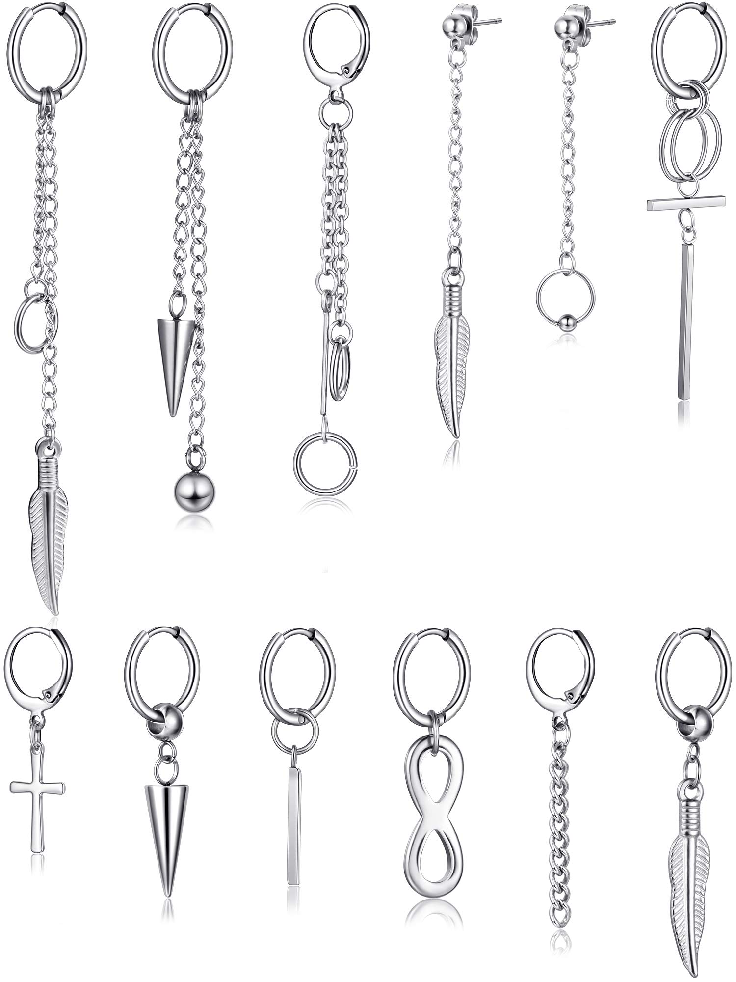 12 Pieces Hoop Dangle Earrings for Men Stainless Steel Hanging Pendant Hinged Hoop Earrings Long Chain Cross Huggie Earrings Fashion Piercing Jewelry Gift for Unisex Men Women (Silver)