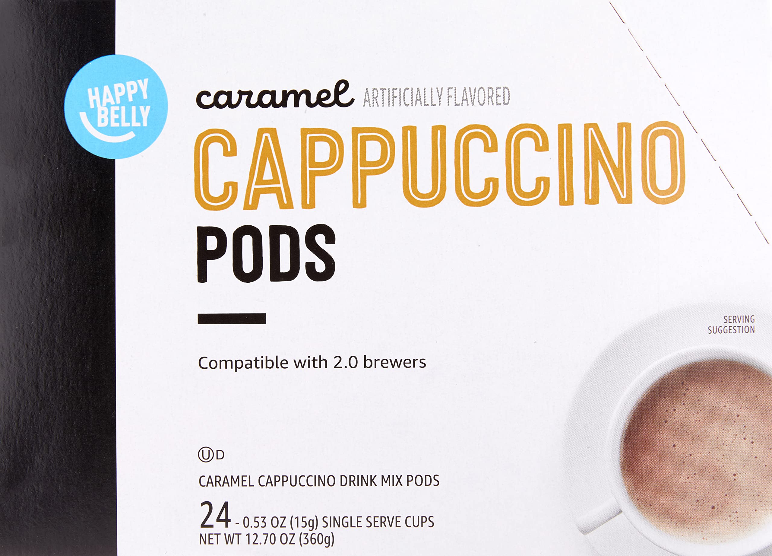 Amazon Brand - Happy Belly Cappuccino Coffee Pods Compatible with 2.0 K-Cup Brewers, Caramel Flavored, 24 Count