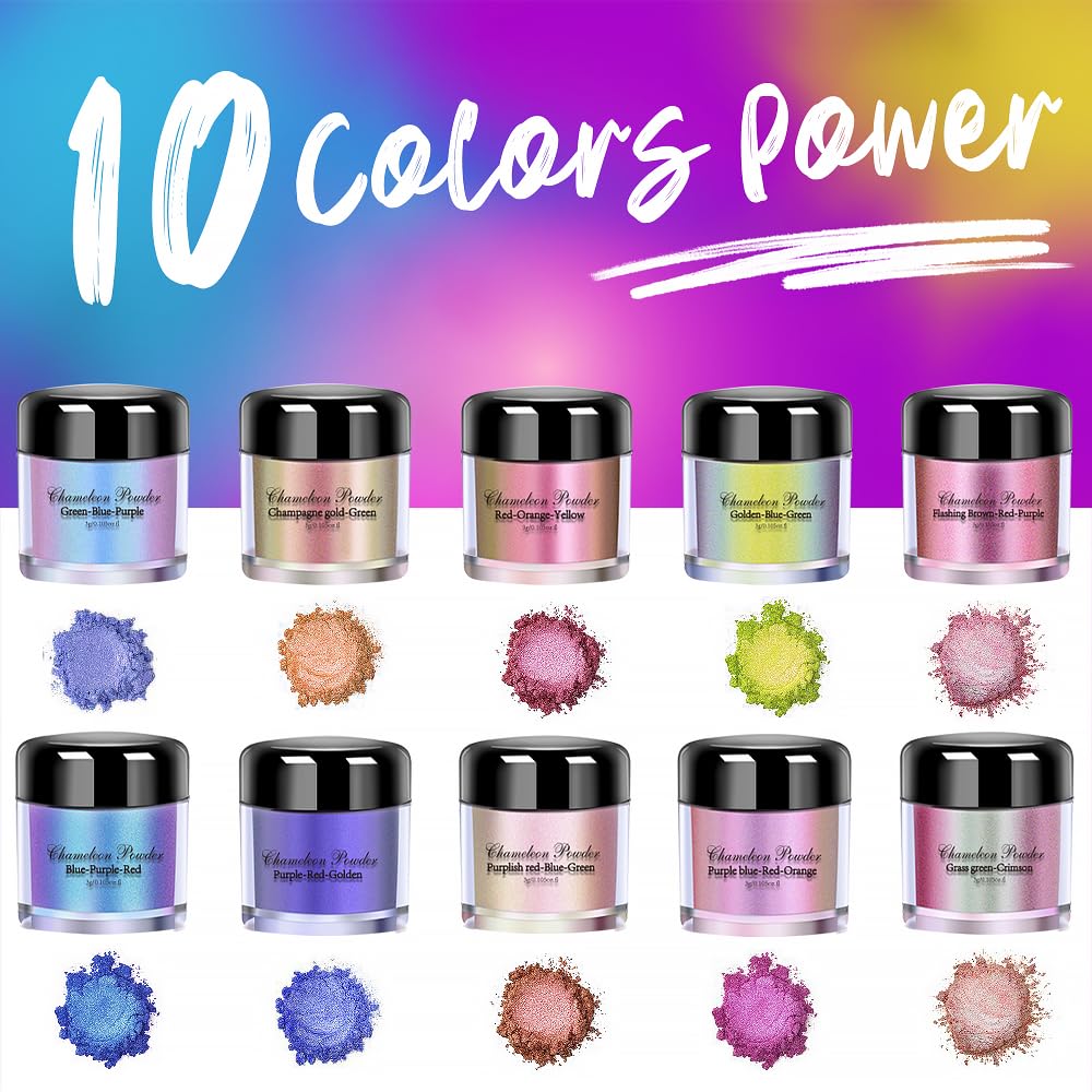 OSBANG 10 Colors Chameleon Mica Powder Color Shift Pigment Powder for Epoxy Resin Painting Soap Making Bath Bombs Candle Making Slime(0.1oz/jar)
